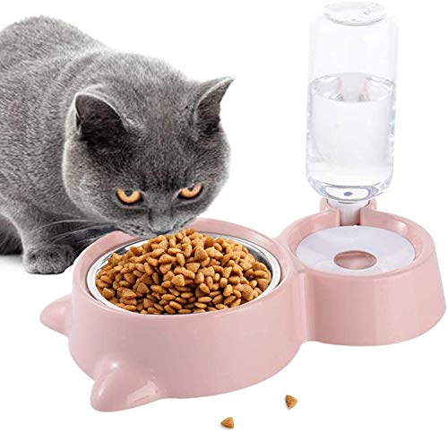 Ycxbox Dog Cat Double Bowls Automatic Pet Food Feeder and Water Dispenser, with Automatic Water Bottle for Small Large Dog Pets Puppy Kitten Rabbit (Pink)