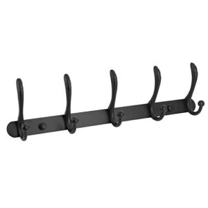 kimzcn coat rack wall mounted - 5 tri hooks, heavy duty, metal coat hook rail for coat hat towel purse robes mudroom bathroom entryway (black)