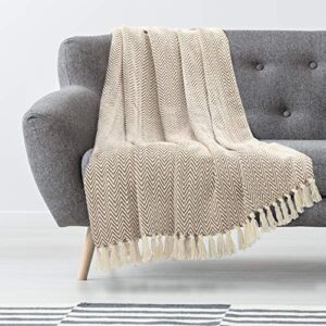 Americanflat 100% Cotton Throw Blanket for Couch - 50x60 - All Seasons Neutral Lightweight Cozy Soft Throws for Bed, Sofa or Chair.door or Outdoor [Khaki and Beige Herringbone]