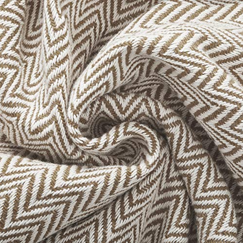 Americanflat 100% Cotton Throw Blanket for Couch - 50x60 - All Seasons Neutral Lightweight Cozy Soft Throws for Bed, Sofa or Chair.door or Outdoor [Khaki and Beige Herringbone]