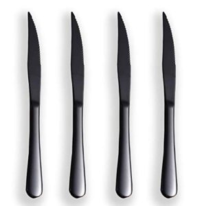 black steak knife set, kyrtaon black serrated knife, titanium black plating stainless steel sharp knives set, dinner knifes set of 4, dishwasher safe sturdy and easy to clean