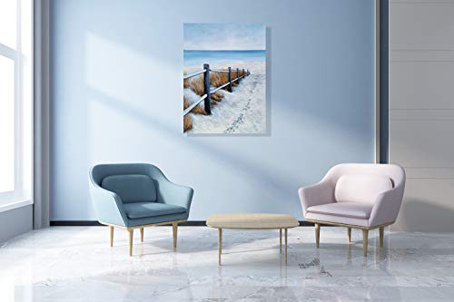 YHSKY ARTS Beach Canvas Wall Art Hand Painted Blue and White Painting with Fence Modern Abstract Coastal Pictures Contemporary Vertical Nautical Artwork for Living Room Bedroom Bathroom Decor