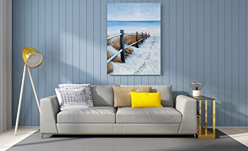 YHSKY ARTS Beach Canvas Wall Art Hand Painted Blue and White Painting with Fence Modern Abstract Coastal Pictures Contemporary Vertical Nautical Artwork for Living Room Bedroom Bathroom Decor