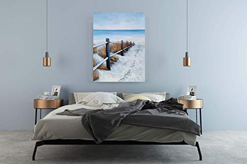 YHSKY ARTS Beach Canvas Wall Art Hand Painted Blue and White Painting with Fence Modern Abstract Coastal Pictures Contemporary Vertical Nautical Artwork for Living Room Bedroom Bathroom Decor