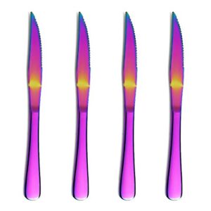 rainbow steak knife set, kyrtaon colorful serrated knife, titanium mutil-color plating stainless steel sharp knives set, dinner knifes set of 4, dishwasher safe sturdy and easy to clean