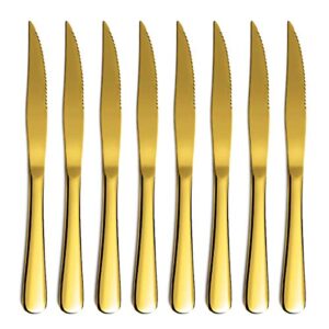 gold steak knife set, kyrtaon golden serrated knife, titanium gold plating stainless steel sharp knives set, dinner knifes set of 8, dishwasher safe sturdy and easy to clean