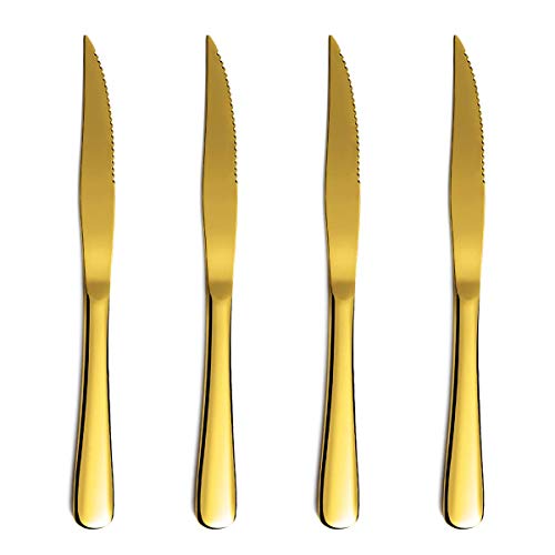 Gold Steak Knife Set, Kyrtaon Golden Serrated Knife, Titanium Gold Plating Stainless Steel Sharp Knives Set, Dinner Knifes Set of 4, Dishwasher Safe Sturdy And Easy To Clean