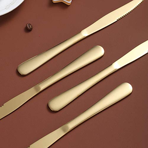 Gold Steak Knife Set, Kyrtaon Golden Serrated Knife, Titanium Gold Plating Stainless Steel Sharp Knives Set, Dinner Knifes Set of 4, Dishwasher Safe Sturdy And Easy To Clean