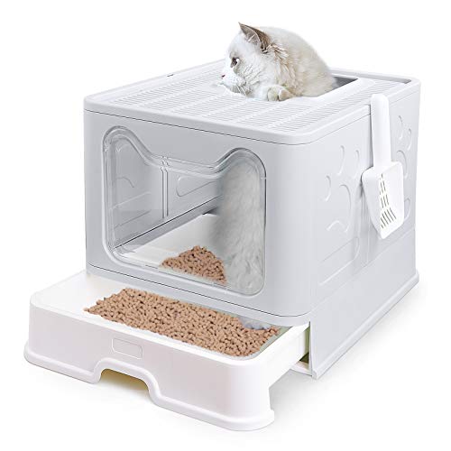 Petphabet Cat Litter Box, Square Foldable Jumbo Hooded Cat Litter Box with Plastic Scoop (Grey)