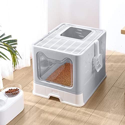 Petphabet Cat Litter Box, Square Foldable Jumbo Hooded Cat Litter Box with Plastic Scoop (Grey)