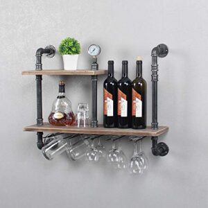 Industrial Wall Mounted Wine Rack,2 Tier Stemware Rack,Wine Bottle Stemware Glass Rack,Mugs Racks,Bottle & Glass Holder,Wine Storage Display Racks,Home & Kitchen Décor(28inch)