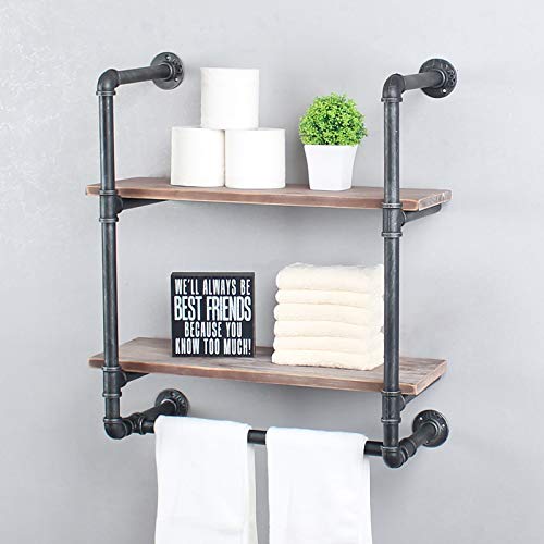 Industrial Pipe Towel Rack,Bathroom Shelves Wall Mounted,Rustic 2 Layer Bathroom Shelf with Towel Bar,Metal Storage Wall Shelf for Kitchen,Floating Shelves,Bathroom Shelves Over Toilet