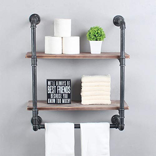 Industrial Pipe Towel Rack,Bathroom Shelves Wall Mounted,Rustic 2 Layer Bathroom Shelf with Towel Bar,Metal Storage Wall Shelf for Kitchen,Floating Shelves,Bathroom Shelves Over Toilet