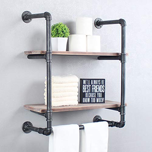 Industrial Pipe Towel Rack,Bathroom Shelves Wall Mounted,Rustic 2 Layer Bathroom Shelf with Towel Bar,Metal Storage Wall Shelf for Kitchen,Floating Shelves,Bathroom Shelves Over Toilet