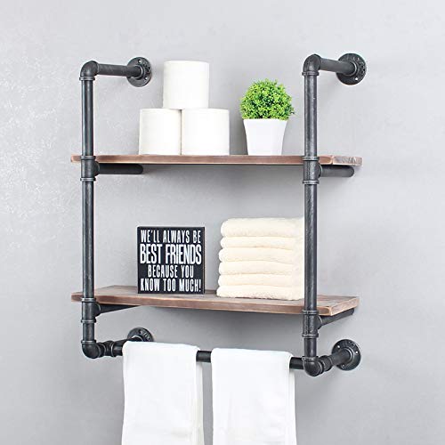 Industrial Pipe Towel Rack,Bathroom Shelves Wall Mounted,Rustic 2 Layer Bathroom Shelf with Towel Bar,Metal Storage Wall Shelf for Kitchen,Floating Shelves,Bathroom Shelves Over Toilet