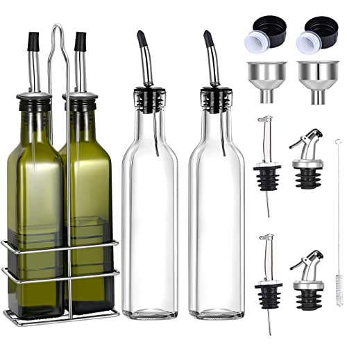 Gusnilo Olive Oil Dispenser, Oil Vinegar Cruet, Square Tall Glass Bottle W/Stainless Steel Pourer Spout SET OF 2-8 Oz(Ounce)