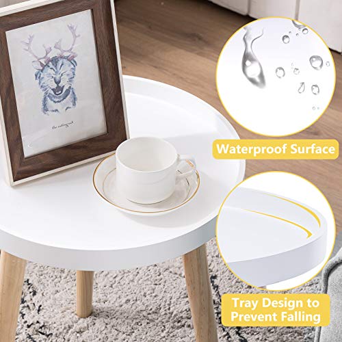 Apicizon Round Side Table, White Tray Nightstand Coffee End Table for Living Room, Bedroom, Small Spaces, Easy Assembly Bedside Table, 15 x 18 Inches