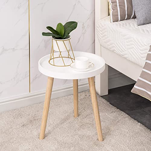 Apicizon Round Side Table, White Tray Nightstand Coffee End Table for Living Room, Bedroom, Small Spaces, Easy Assembly Bedside Table, 15 x 18 Inches