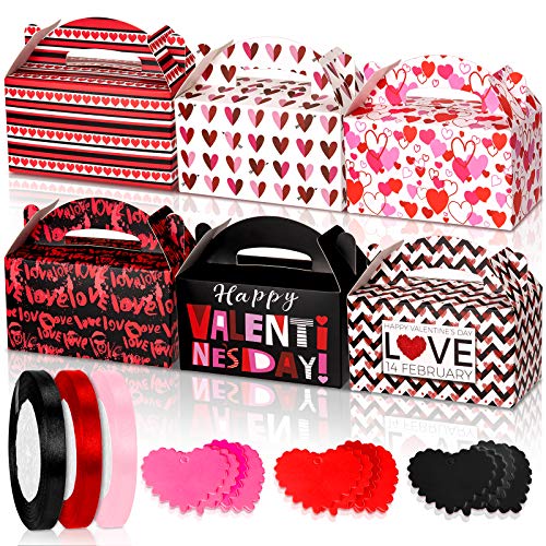 Whaline 24 Pack Valentine's Day Treat Boxes Kit Hearts Goody Box with 24Pcs Heart Cards and 3 Rolls Ribbons Cookie Holder Red Black Pink Candy Container Box for Valentines Girls Party Favors