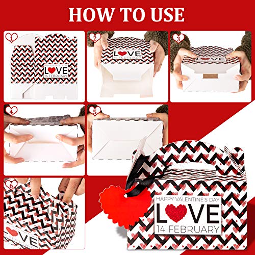 Whaline 24 Pack Valentine's Day Treat Boxes Kit Hearts Goody Box with 24Pcs Heart Cards and 3 Rolls Ribbons Cookie Holder Red Black Pink Candy Container Box for Valentines Girls Party Favors