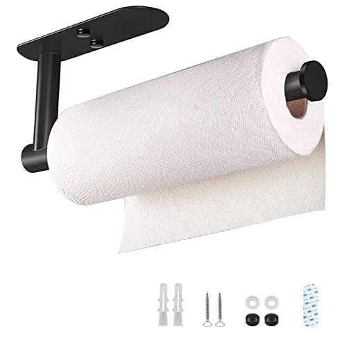 WYMECT Adhesive Paper Towel Holder Under Cabinet Wall Mount for Kitchen Paper Towel, 304 Stainless Steel Paper Towel Roll Holder with Screws Stick to Walll (Black)