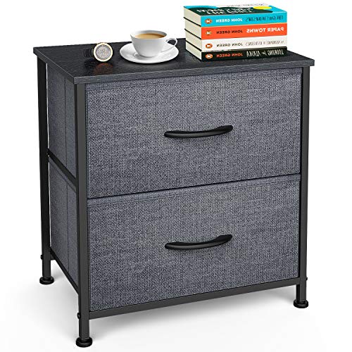 Yesker Nightstand with 2 Fabric Drawers - Sturdy Steel Frame, Small Dresser Storage Tower Organizer Unit for Child Room Bedroom Hallway Entryway Closets, Wide Wood Top, Easy Pull Handle Black Grey