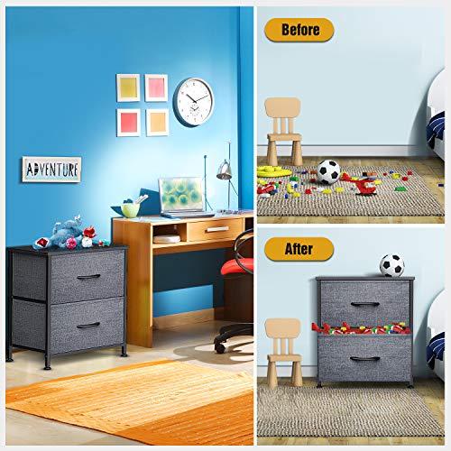 Yesker Nightstand with 2 Fabric Drawers - Sturdy Steel Frame, Small Dresser Storage Tower Organizer Unit for Child Room Bedroom Hallway Entryway Closets, Wide Wood Top, Easy Pull Handle Black Grey