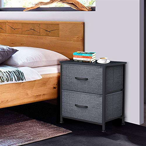 Yesker Nightstand with 2 Fabric Drawers - Sturdy Steel Frame, Small Dresser Storage Tower Organizer Unit for Child Room Bedroom Hallway Entryway Closets, Wide Wood Top, Easy Pull Handle Black Grey