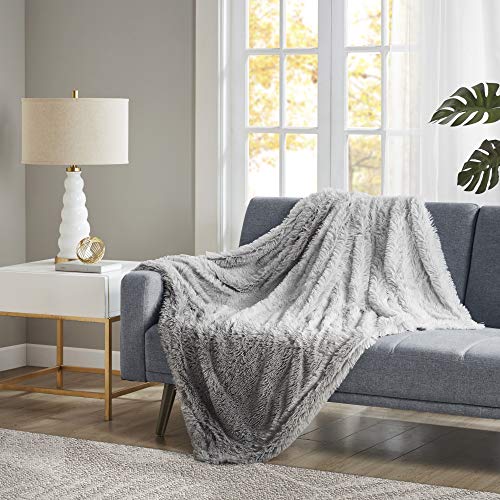 CosmoLiving by Cosmopolitan Cleo Throw Blanket-Faux Fur Shaggy to Mink Reverse Deluxe Ombre Fuzzy Design Spread, Ultra Soft, Cozy Living Room Couch, Sofa, Bed, 50"" x 60"", Grey (CL50-0030)