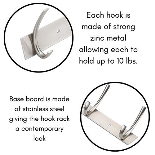 BIRDROCK HOME Premium 5-Hook Stainless Steel Coat and Hat Rack for Wall - Set of 2 - Front Door Organizer - Mounted Hanger for Jackets, Clothes, Hats, Towel - Silver Dual Hooks - Brushed Nickel Finish