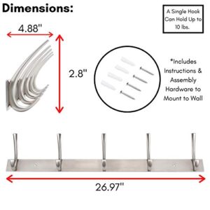 BIRDROCK HOME Premium 5-Hook Stainless Steel Coat and Hat Rack for Wall - Set of 2 - Front Door Organizer - Mounted Hanger for Jackets, Clothes, Hats, Towel - Silver Dual Hooks - Brushed Nickel Finish