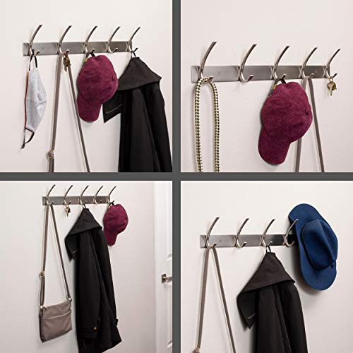 BIRDROCK HOME Premium 5-Hook Stainless Steel Coat and Hat Rack for Wall - Set of 2 - Front Door Organizer - Mounted Hanger for Jackets, Clothes, Hats, Towel - Silver Dual Hooks - Brushed Nickel Finish