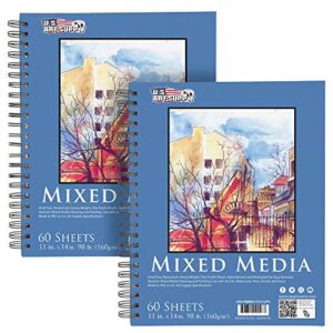 u.s. art supply 11" x 14" mixed media paper pad sketchbook, 2 pack, 60 sheets, 98 lb (160 gsm) - spiral-bound, perforated, acid-free - artist sketching, drawing, painting watercolor, acrylic, wet, dry