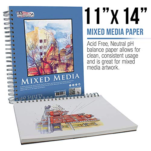 U.S. Art Supply 11" x 14" Mixed Media Paper Pad Sketchbook, 2 Pack, 60 Sheets, 98 lb (160 gsm) - Spiral-Bound, Perforated, Acid-Free - Artist Sketching, Drawing, Painting Watercolor, Acrylic, Wet, Dry