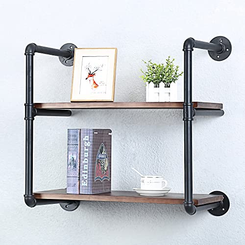 JIANZHUO Industrial Pipe Shelving Floating Shelves,Rustic Wall Shelf Wood Hanging Shelf, Pipe Shelves Wall Mounted,Bookshelves Shelving Bookshelf (2 Tier,24in)