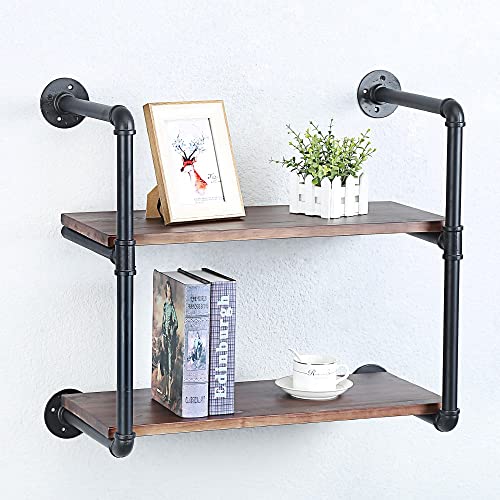 JIANZHUO Industrial Pipe Shelving Floating Shelves,Rustic Wall Shelf Wood Hanging Shelf, Pipe Shelves Wall Mounted,Bookshelves Shelving Bookshelf (2 Tier,24in)