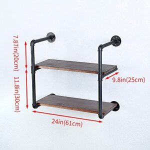 JIANZHUO Industrial Pipe Shelving Floating Shelves,Rustic Wall Shelf Wood Hanging Shelf, Pipe Shelves Wall Mounted,Bookshelves Shelving Bookshelf (2 Tier,24in)