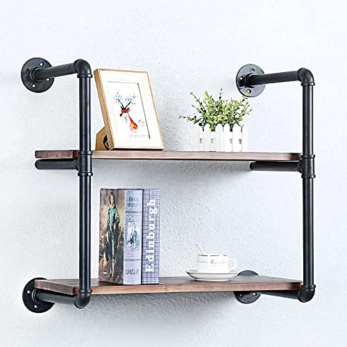 JIANZHUO Industrial Pipe Shelving Floating Shelves,Rustic Wall Shelf Wood Hanging Shelf, Pipe Shelves Wall Mounted,Bookshelves Shelving Bookshelf (2 Tier,24in)