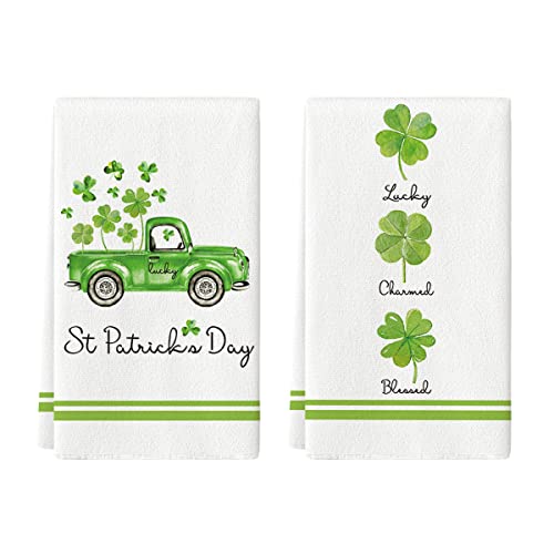 Artoid Mode Lucky Charmed Blessed Kitchen Dish Towels, 18 x 26 Inch Seasonal St. Patrick's Day Lucky Clover Shamrock Truck Ultra Absorbent Drying Cloth Tea Towels for Cooking Baking Set of 2