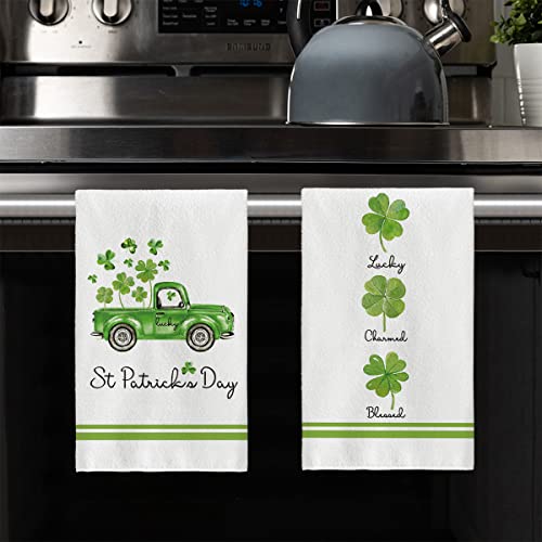 Artoid Mode Lucky Charmed Blessed Kitchen Dish Towels, 18 x 26 Inch Seasonal St. Patrick's Day Lucky Clover Shamrock Truck Ultra Absorbent Drying Cloth Tea Towels for Cooking Baking Set of 2