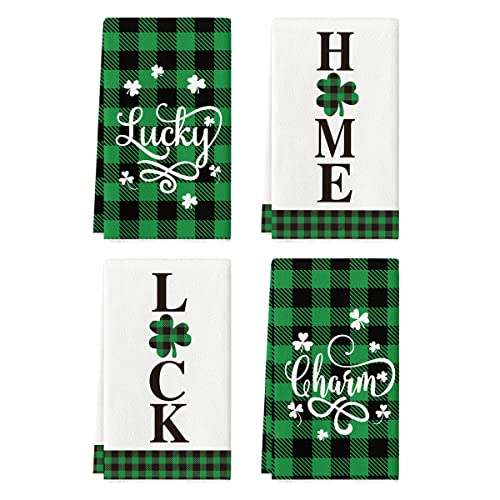 Artoid Mode Buffalo Plaid Lucky Clover Shamrock Kitchen Dish Towels, 18 x 26 Inch Seasonal St. Patrick's Day Quotes Ultra Absorbent Drying Cloth Tea Towels for Cooking Baking Set of 4