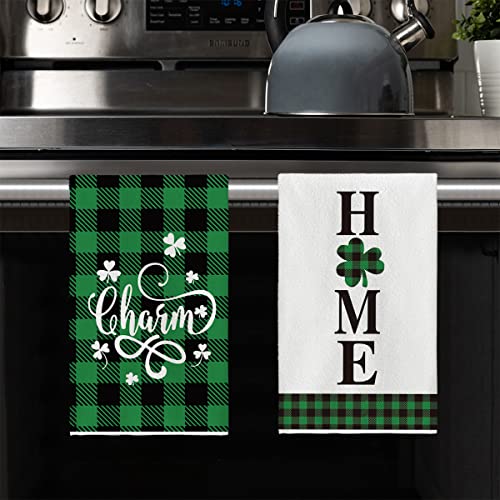 Artoid Mode Buffalo Plaid Lucky Clover Shamrock Kitchen Dish Towels, 18 x 26 Inch Seasonal St. Patrick's Day Quotes Ultra Absorbent Drying Cloth Tea Towels for Cooking Baking Set of 4