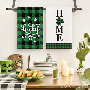 Artoid Mode Buffalo Plaid Lucky Clover Shamrock Kitchen Dish Towels, 18 x 26 Inch Seasonal St. Patrick's Day Quotes Ultra Absorbent Drying Cloth Tea Towels for Cooking Baking Set of 4