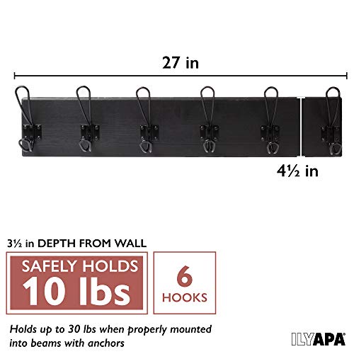 Ilyapa Coat Hooks Wall Mounted - Wooden Wall Coat Rack with Wall Hooks for Coats, 6 Metal Hooks - for Hats, Coats, Kitchen, Bedroom, and More - Black