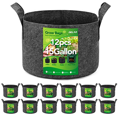 Delxo 12-Pack 15 Gallon Heavy Duty Aeration Fabric Pots Thickened Nonwoven Plant Grow Bags Grey