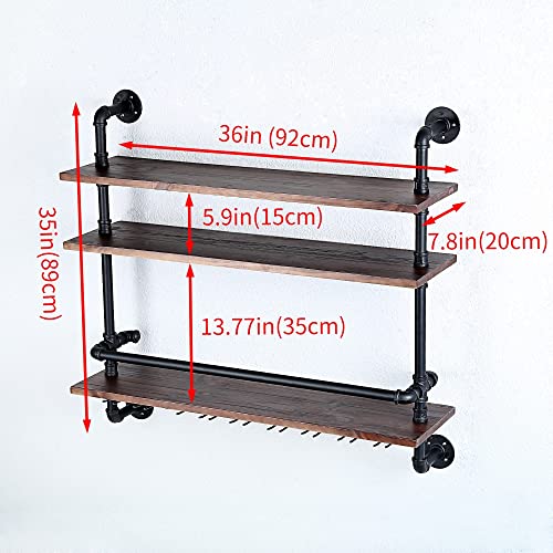 Industrial Pipe Shelf Wine Rack Wall Mounted with 9 Stem Glass Holder,3-Tiers Rustic Floating Bar Shelves Wine Shelf,36in Real Wood Shelves Wall Shelf Unit,Steam Punk Pipe Shelving Wine Glass Rack