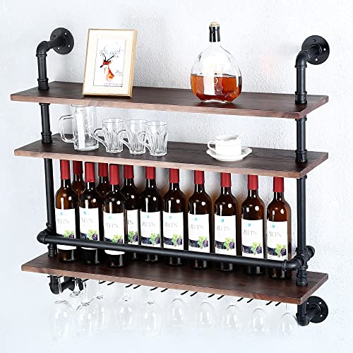 Industrial Pipe Shelf Wine Rack Wall Mounted with 9 Stem Glass Holder,3-Tiers Rustic Floating Bar Shelves Wine Shelf,36in Real Wood Shelves Wall Shelf Unit,Steam Punk Pipe Shelving Wine Glass Rack