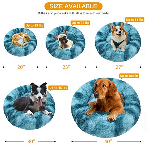 Round Dog Cat Bed Donut Cuddler, Faux Fur Plush Pet Cushion for Large Medium Small Dogs, Self-Warming and Cozy for Improved Sleep Gradient Blue, Small (20" x20")