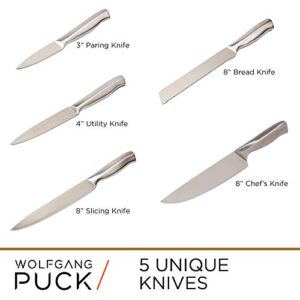 Wolfgang Puck 6-Piece Fully-Forged Stainless Steel Knife Set with Knife Block; Carbon Stainless Steel Blades and Ergonomic Handles; Blonde Wood Block with Acrylic Safety Shield; Chef Quality Cutlery