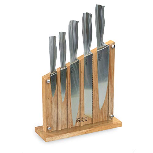 Wolfgang Puck 6-Piece Fully-Forged Stainless Steel Knife Set with Knife Block; Carbon Stainless Steel Blades and Ergonomic Handles; Blonde Wood Block with Acrylic Safety Shield; Chef Quality Cutlery